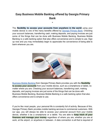 Easy Business Mobile Banking offered by Georgia Primary Bank