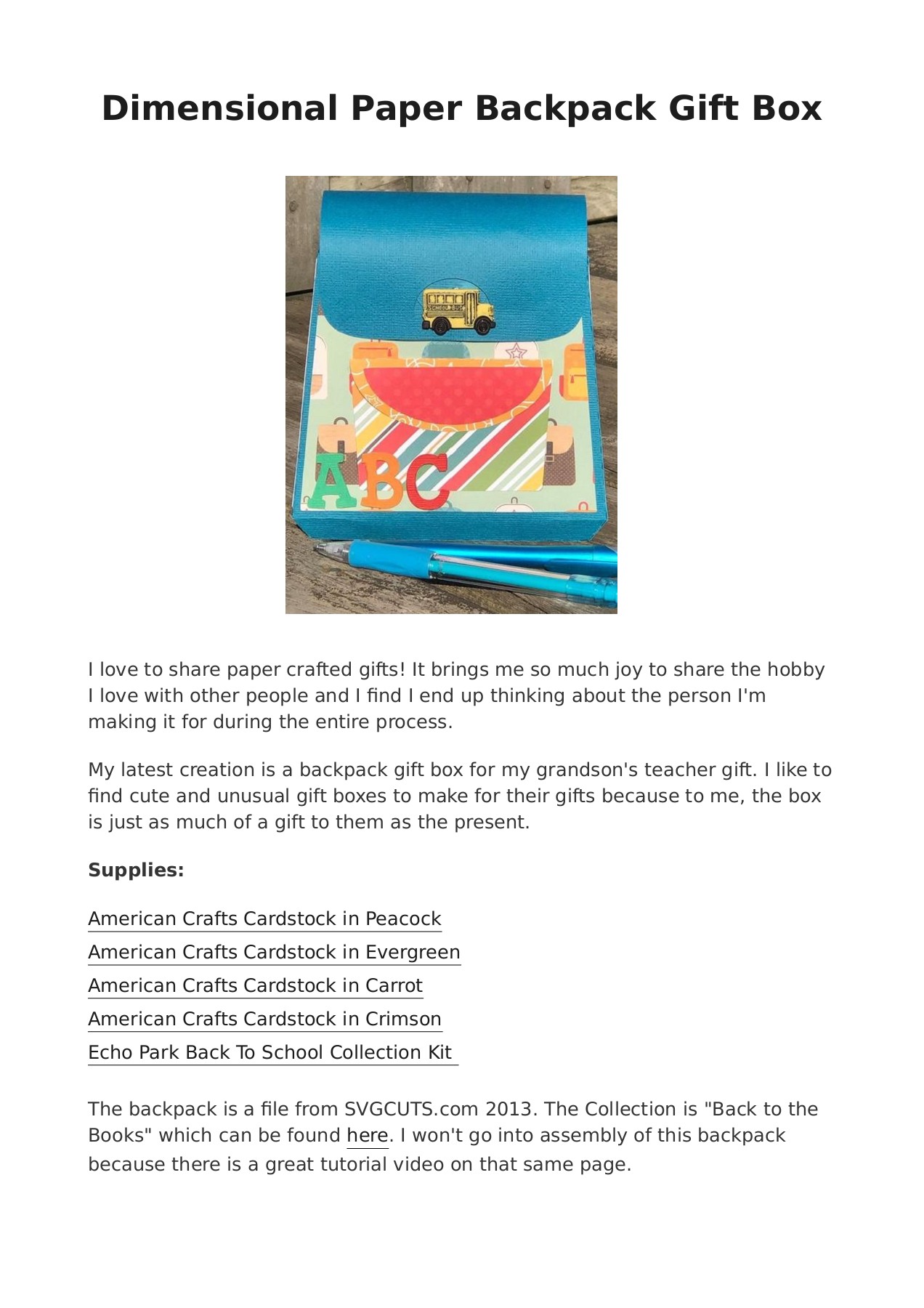 Dimensional Paper Backpack Gift Box - 12x12cardstock.shop.com - Page 1 ...