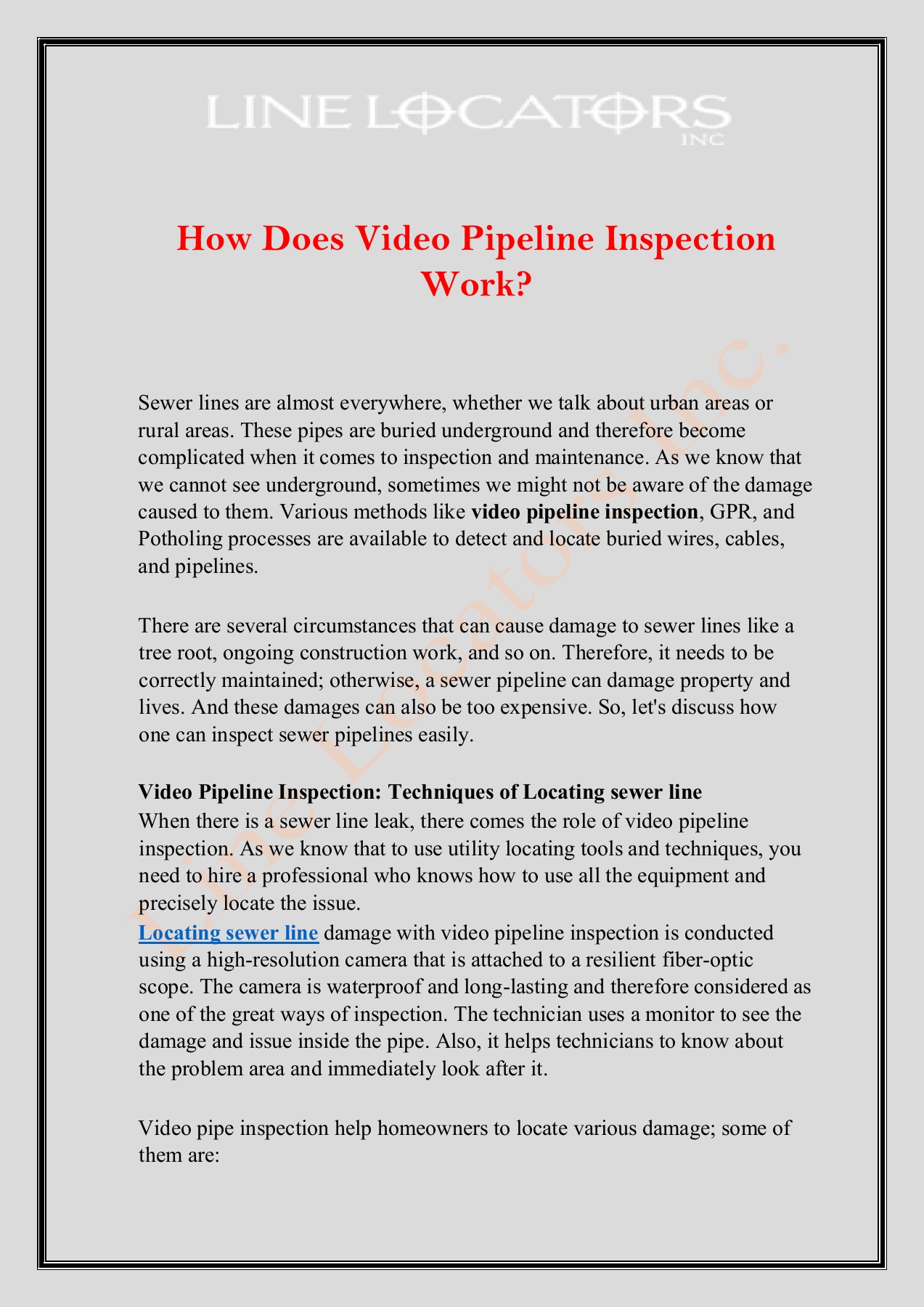 How does Video Pipeline Inspection Work - Line Locators Inc. - Page 1 ...