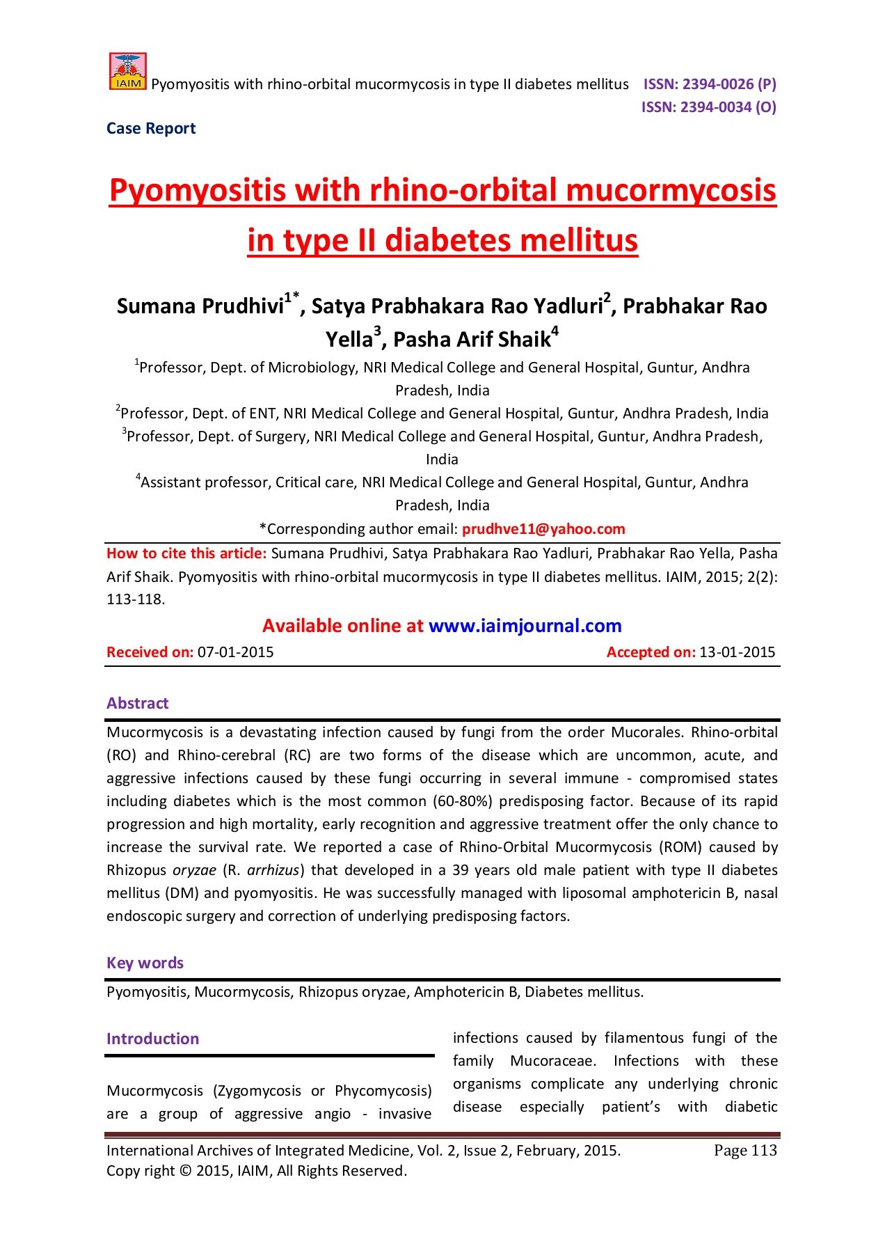 Pyomyositis with rhino-orbital mucormycosis in type II diabetes ...