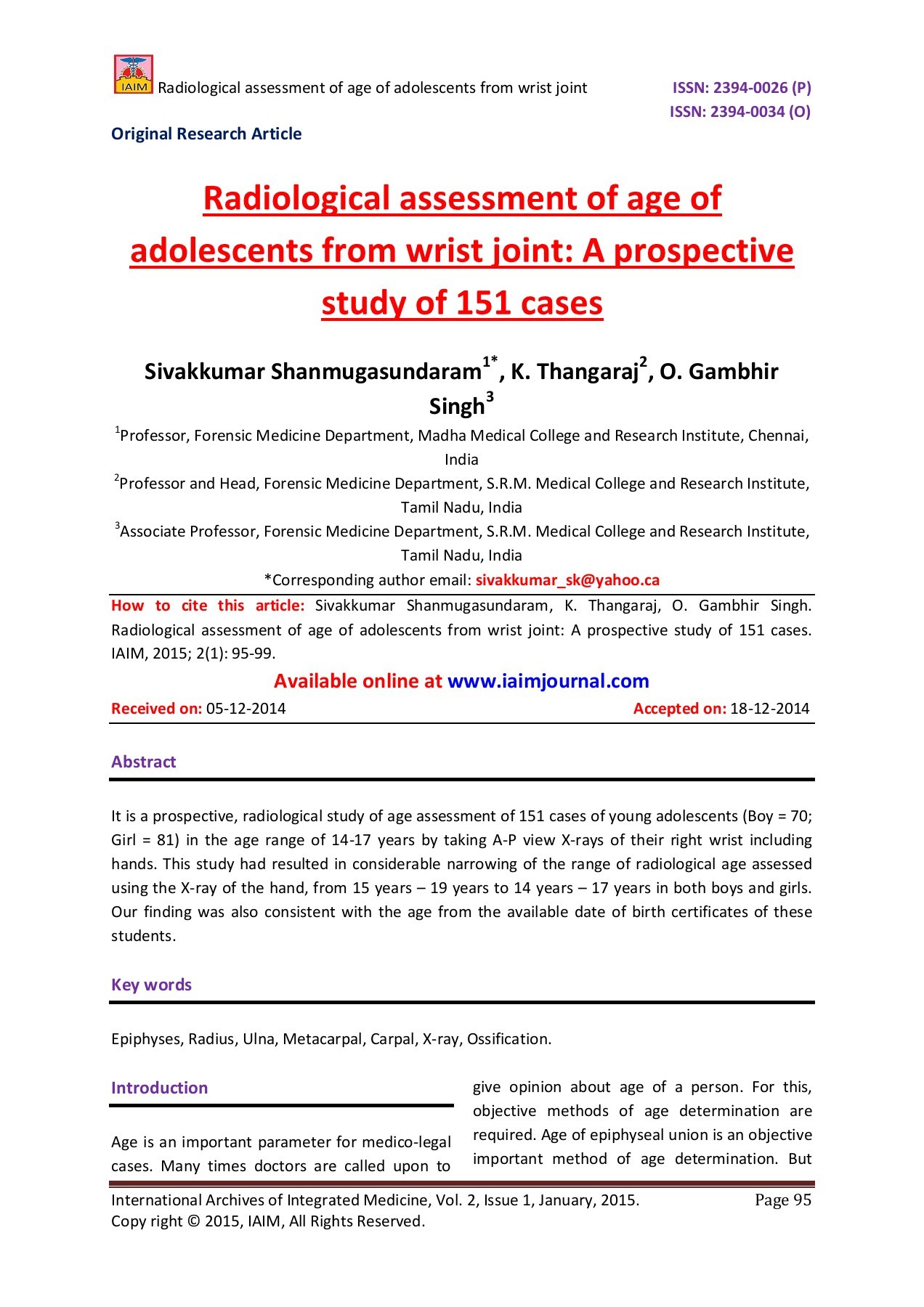 Radiological assessment of age of adolescents from wrist joint: A ...