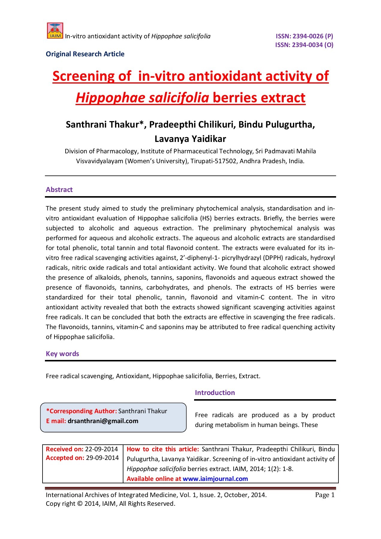 Screening of in-vitro antioxidant activity of Hippophae salicifolia berries extract - iaim ...