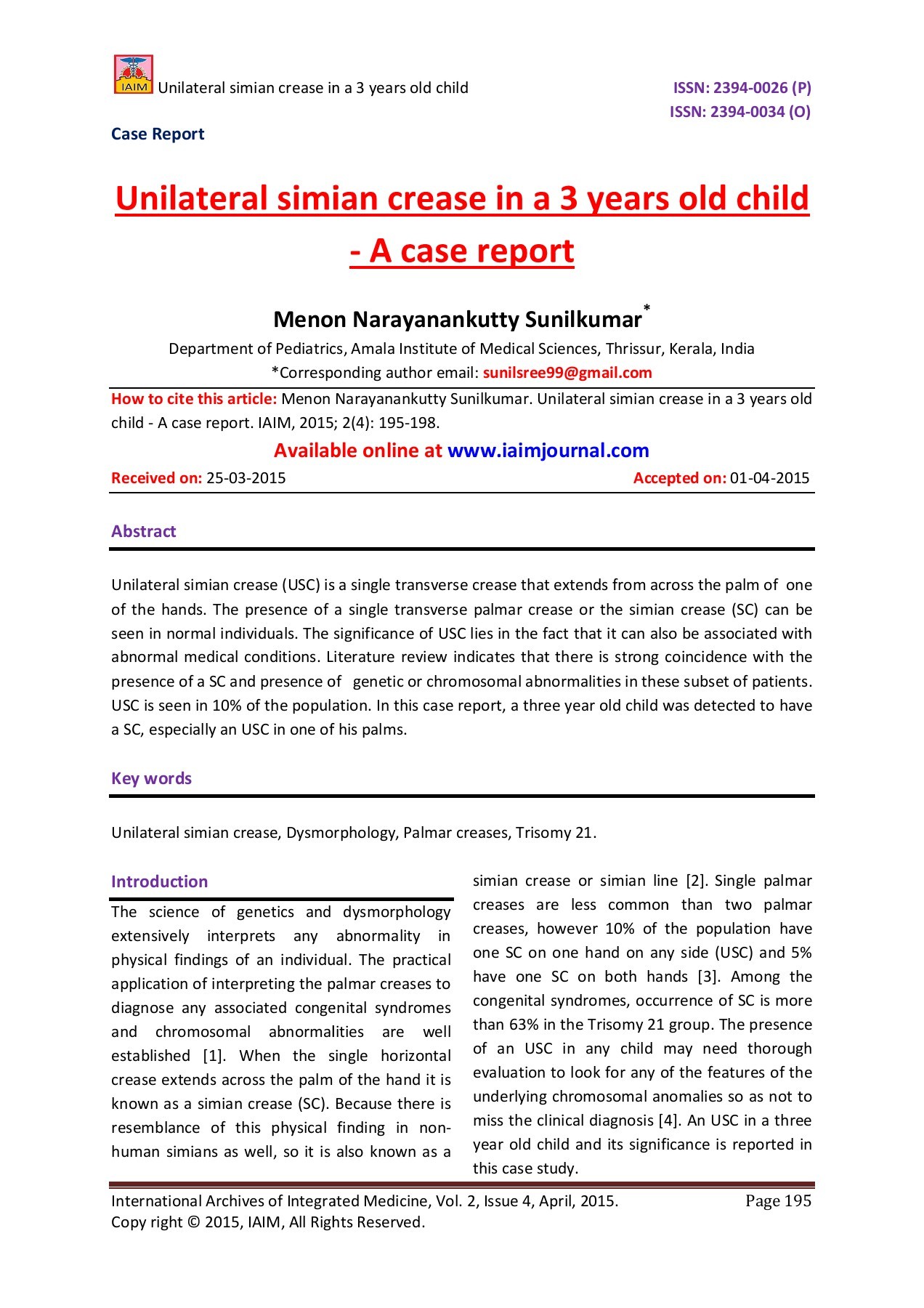 Unilateral simian crease in a 3 years old child - A case report - iaim ...