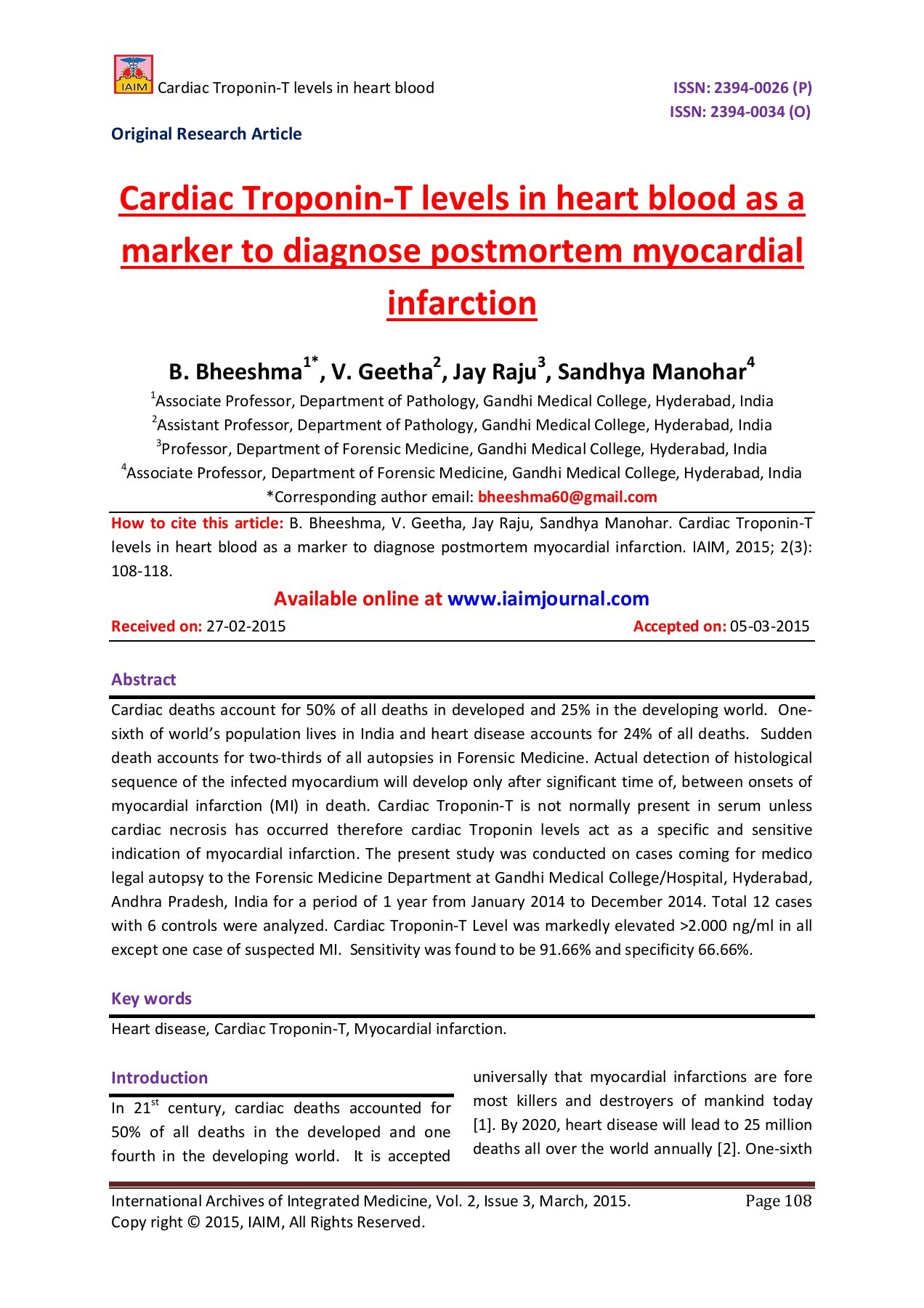 Cardiac Troponin-T levels in heart blood as a marker to diagnose ...