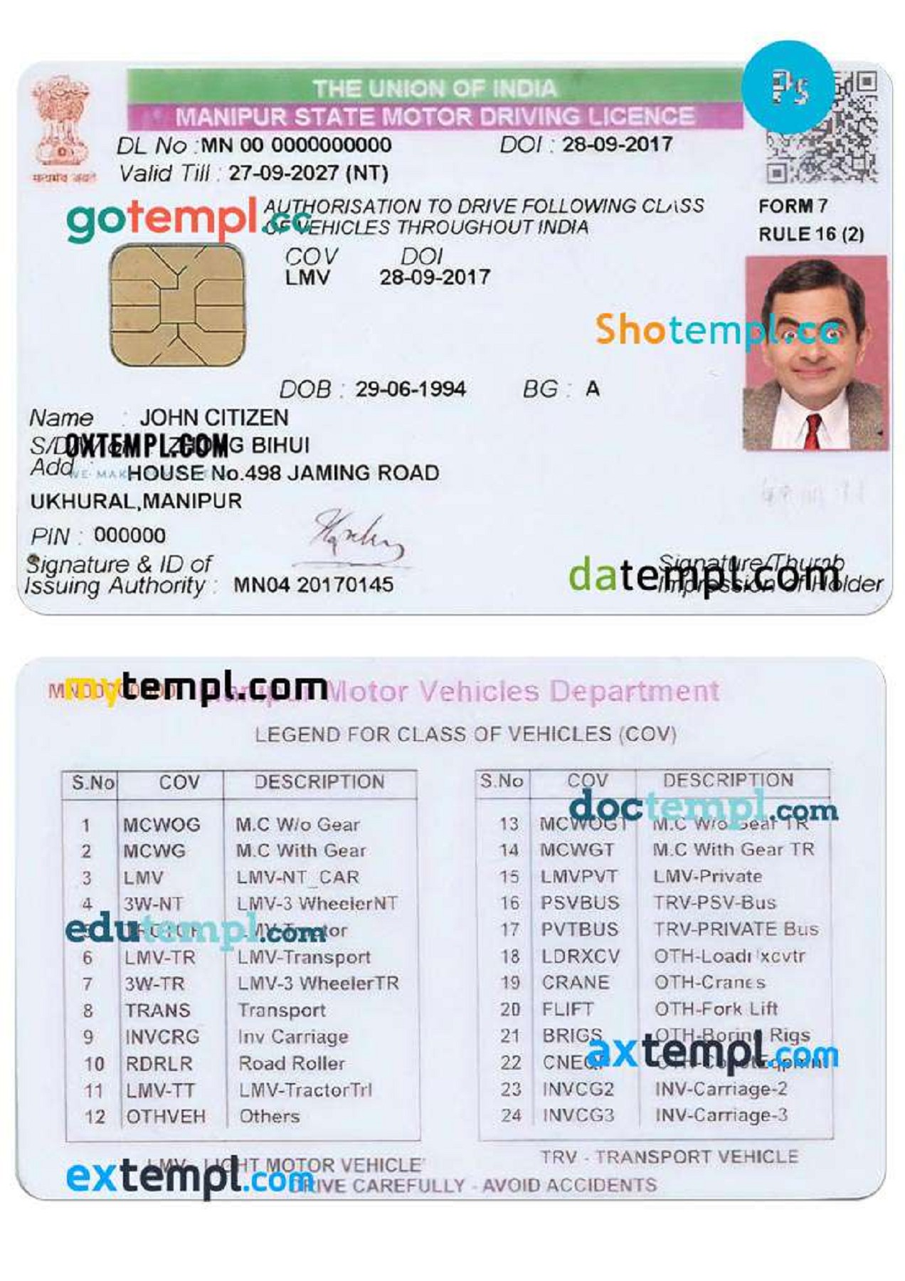 India Manipur state motor driving license PSD template, with fonts ...