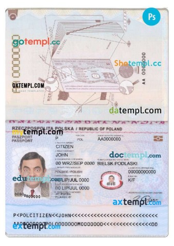 Poland passport template in PSD format, fully editable, 2018 – present