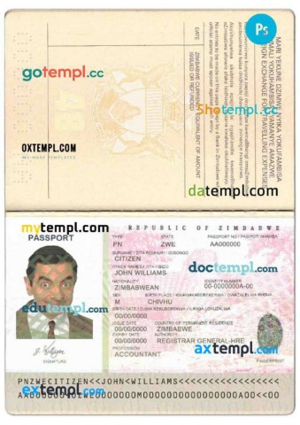 Zimbabwe passport template in PSD format, fully editable with all fonts