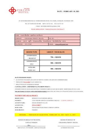 CONTRACT RATE CHIANGMAI TRINITY TRAVEL @ZIRCON HOTEL 2021