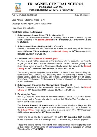 Circular - Parents (Class I to X) 13-12-2021