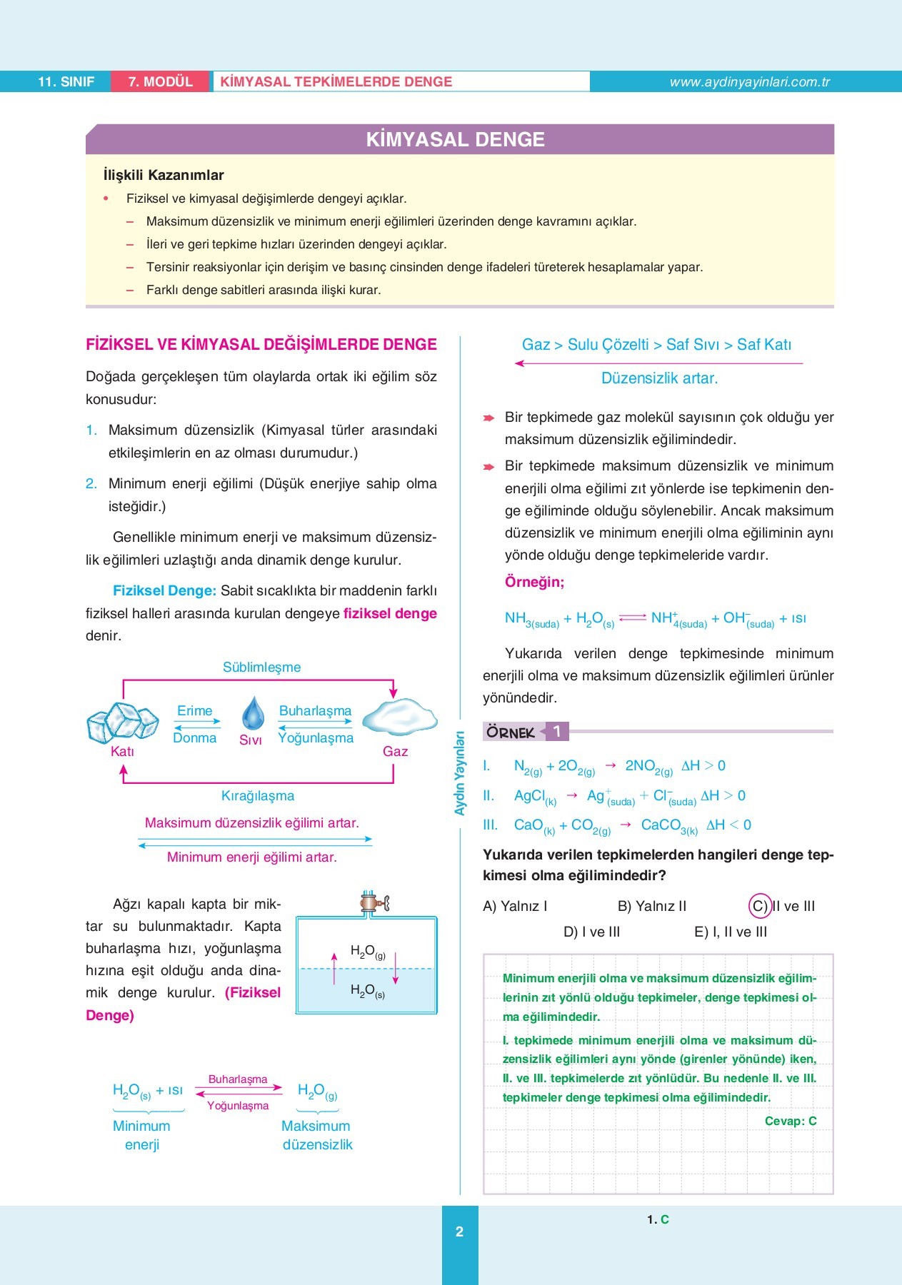 AYT Kimya 11. Sınıf Ders İşleyiş Modülleri Modül 7 Kimyasal Tepkimelerde Denge - Nesibe Aydın ...