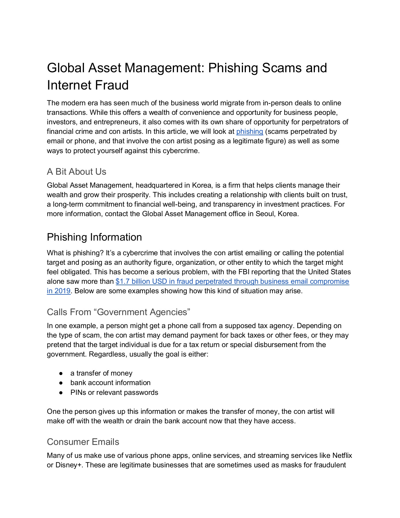 Global Asset Management - Phishing Scams and Internet Fraud - Global ...