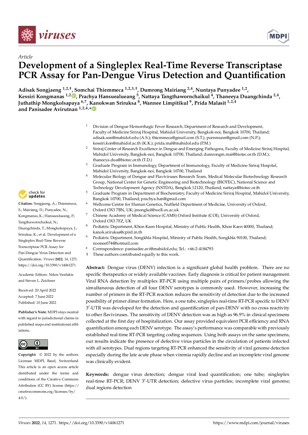 2022- Development of a Singleplex Real-Time Reverse Transcriptase PCR Assay for Pan-Dengue Virus ...