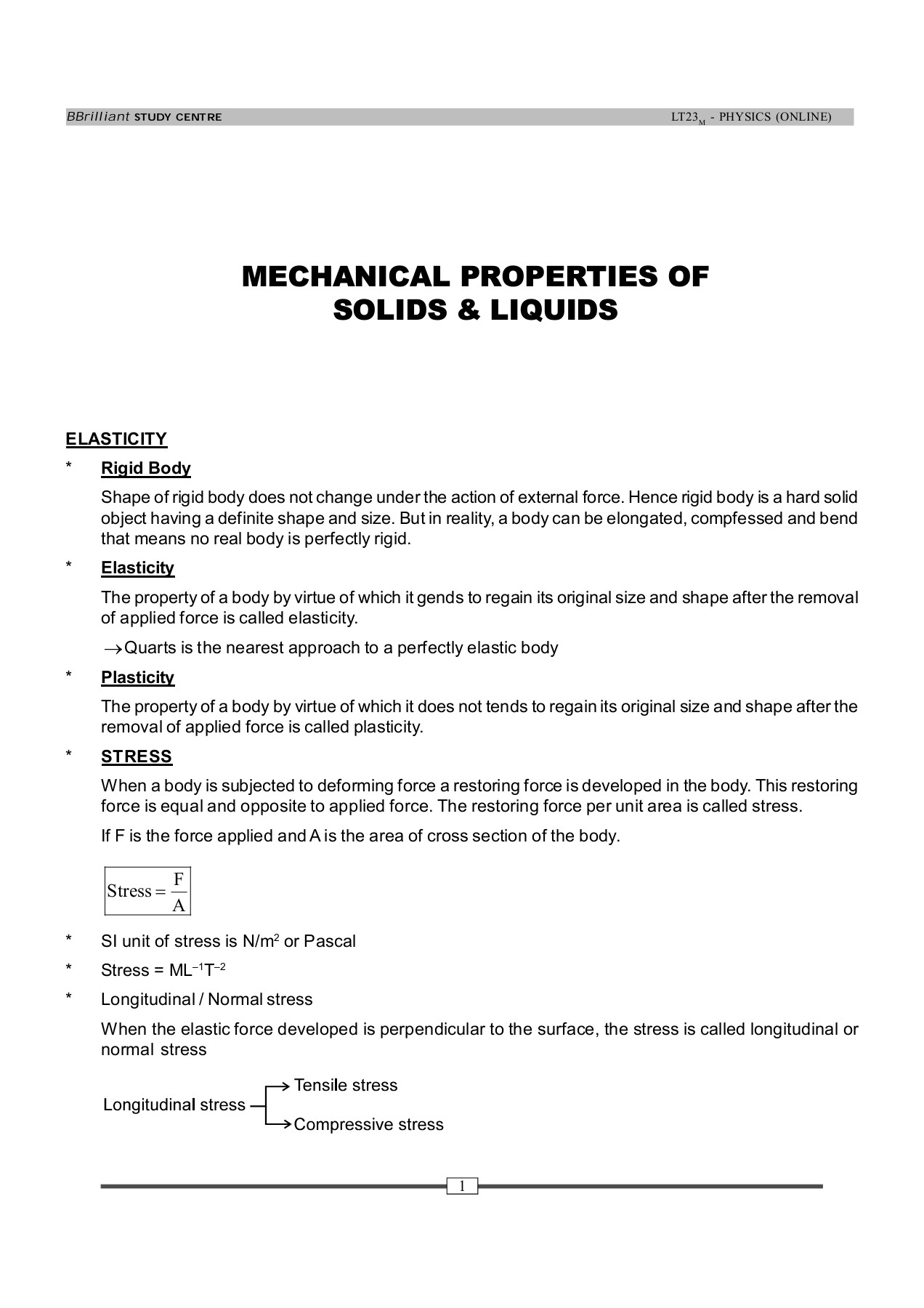 MECHANICAL PROPERTIES OF FLUID AND LIQUID - Lecture Notes - Willington ...