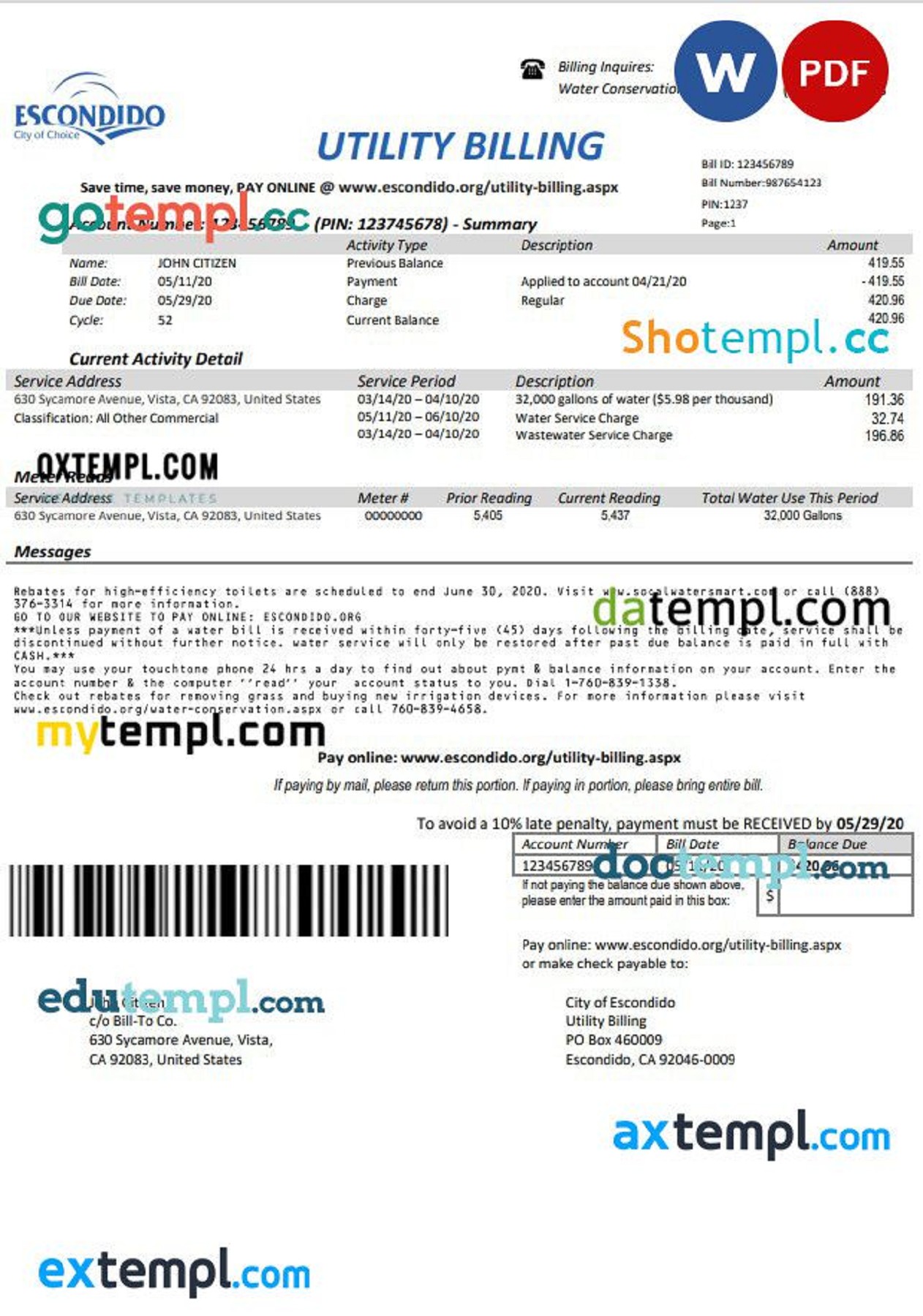 USA California Escondido City of Choice utility bill template in Word ...