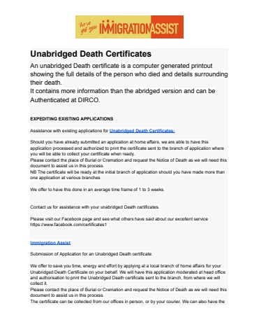 Unabridged Death Certificates | Immigration Assist