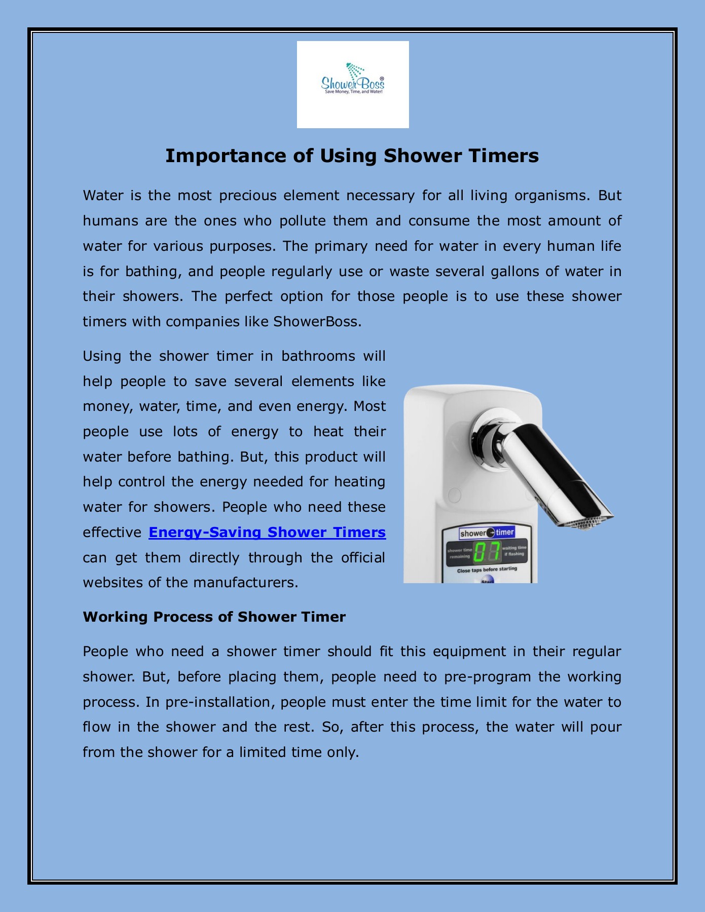 Importance of Using Shower Timers - Sequoia Innovative Resources - Page ...