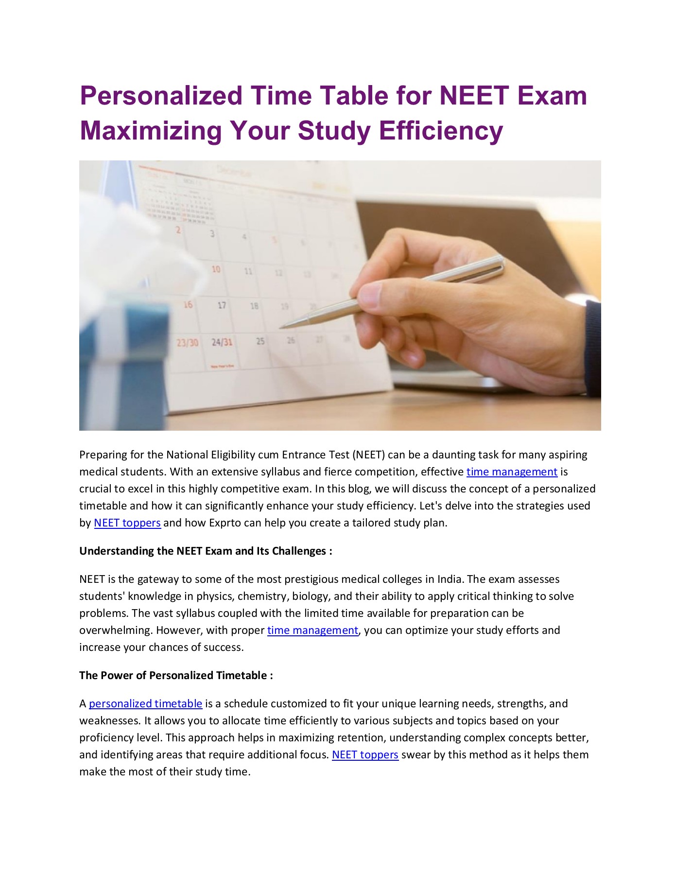 Personalized Time Table for NEET Exam Maximizing Your Study Efficiency - Exprto - Page 1 - 2 ...