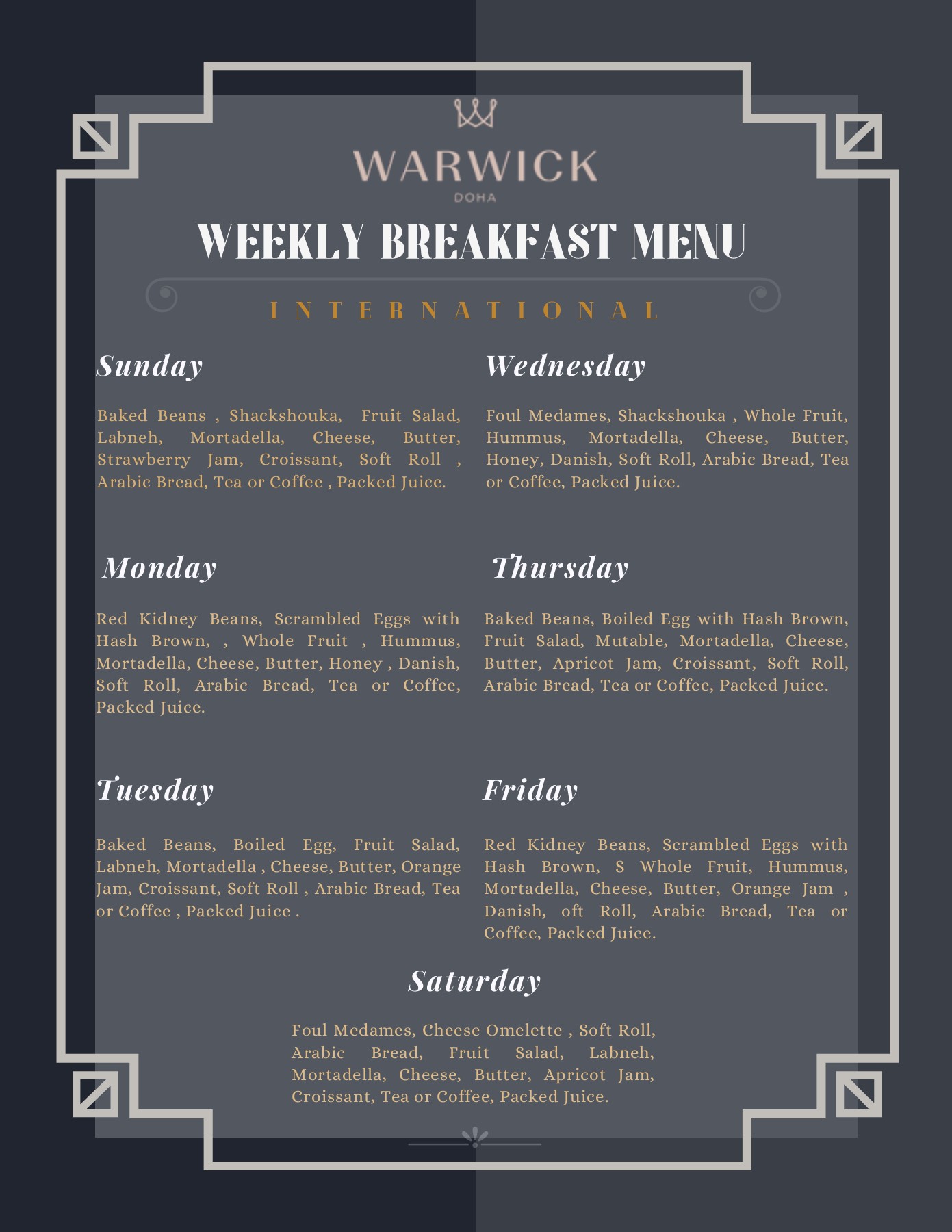 Weekly Breakfast Menu