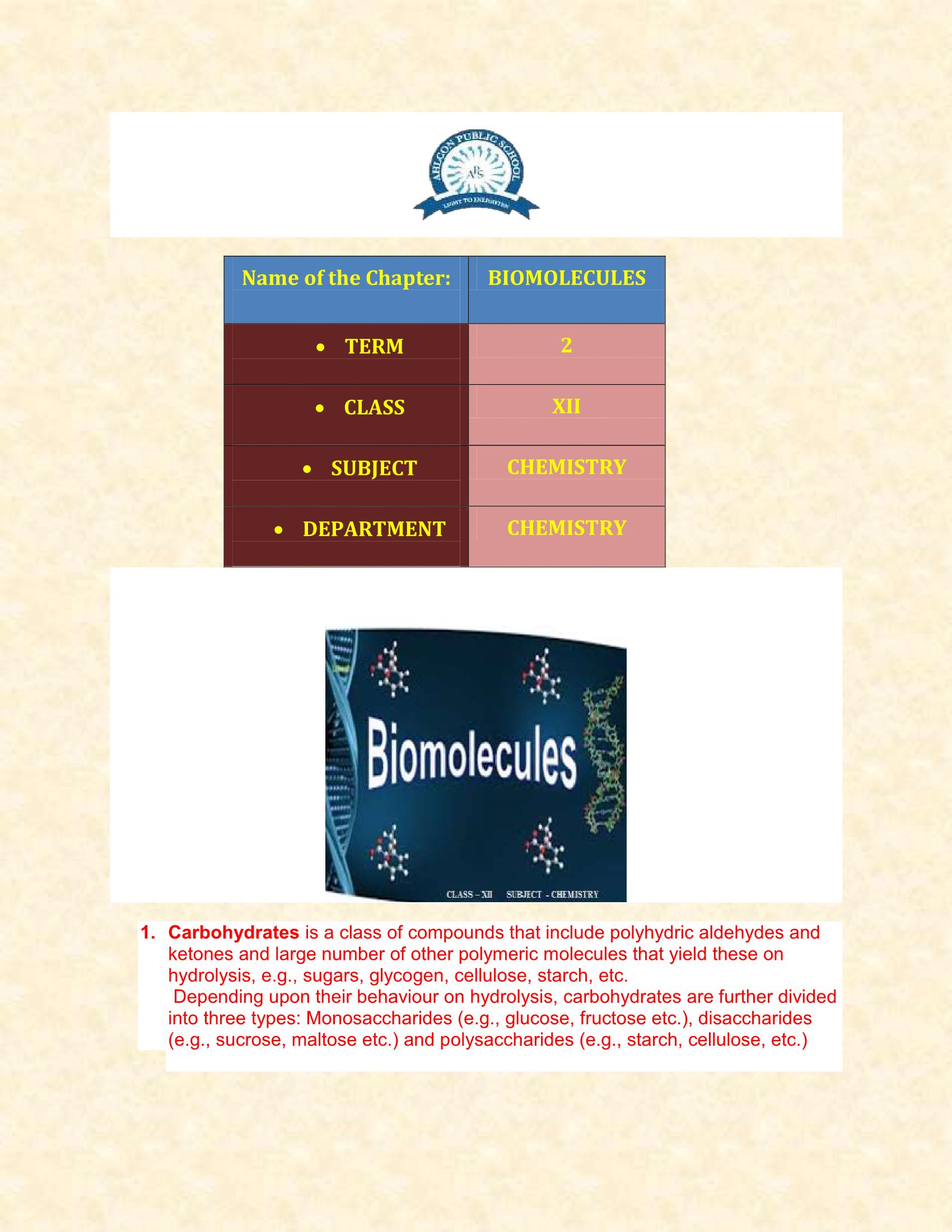 Class XII Summary Unit 14 Biomolecules - sramrakhiani.aps - Page 1 - 8 ...