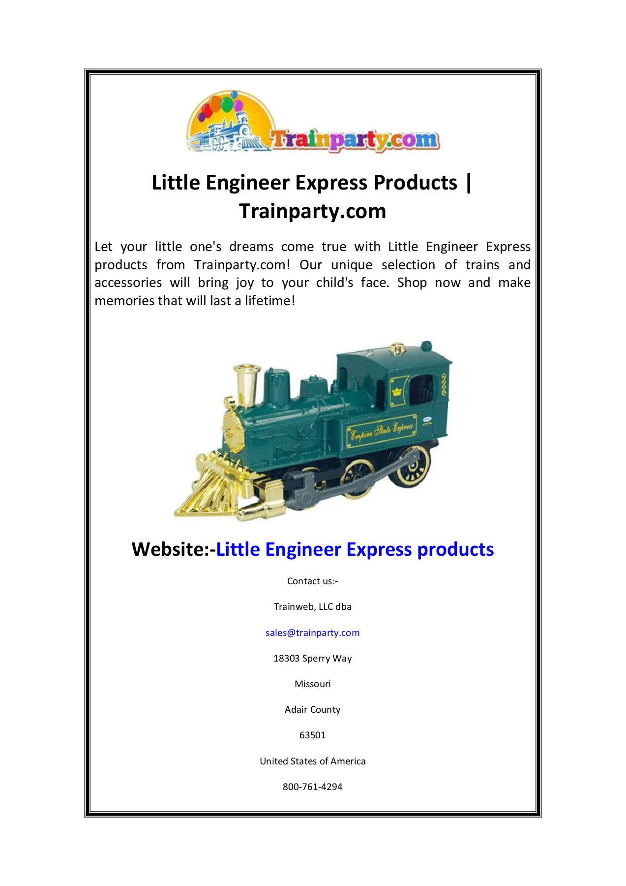 Little Engineer Express Products Trainparty.com - Train Party - Page 1 ...