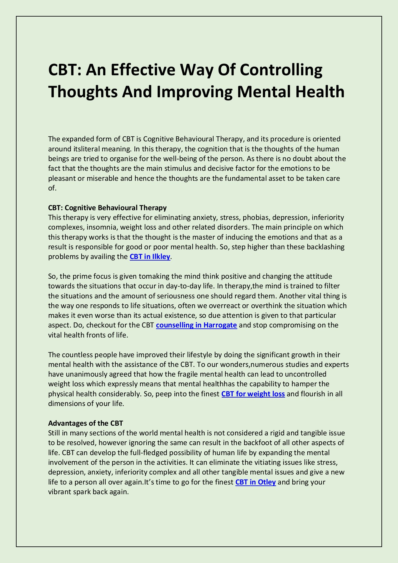 CBT An Effective Way Of Controlling Thoughts And Improving Mental ...