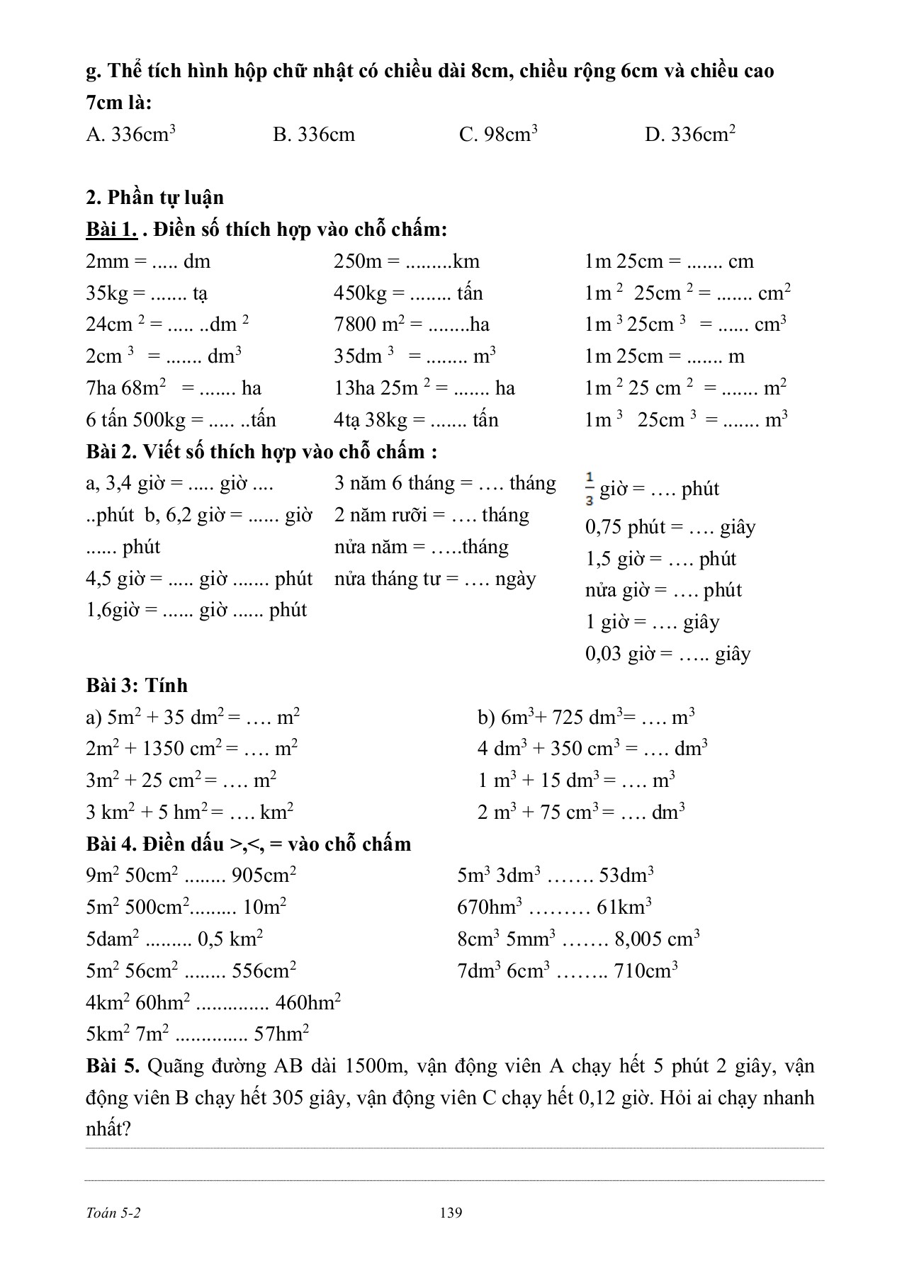 TOÁN 5 - HKII. Quá hay - Thi Hang Le - Trang 139 | PDF lật trang trực tuyến | PubHTML5