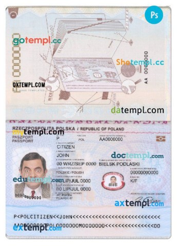 Poland passport template in PSD format, fully editable, 2018 – present