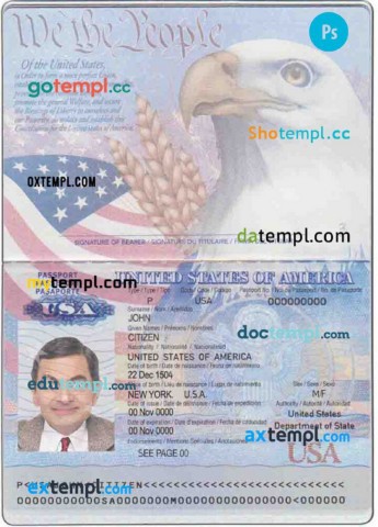 USA passport template in PSD format, fully editable, with all fonts