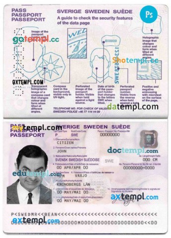 Sweden passport template in PSD format, fully editable, with all fonts ...