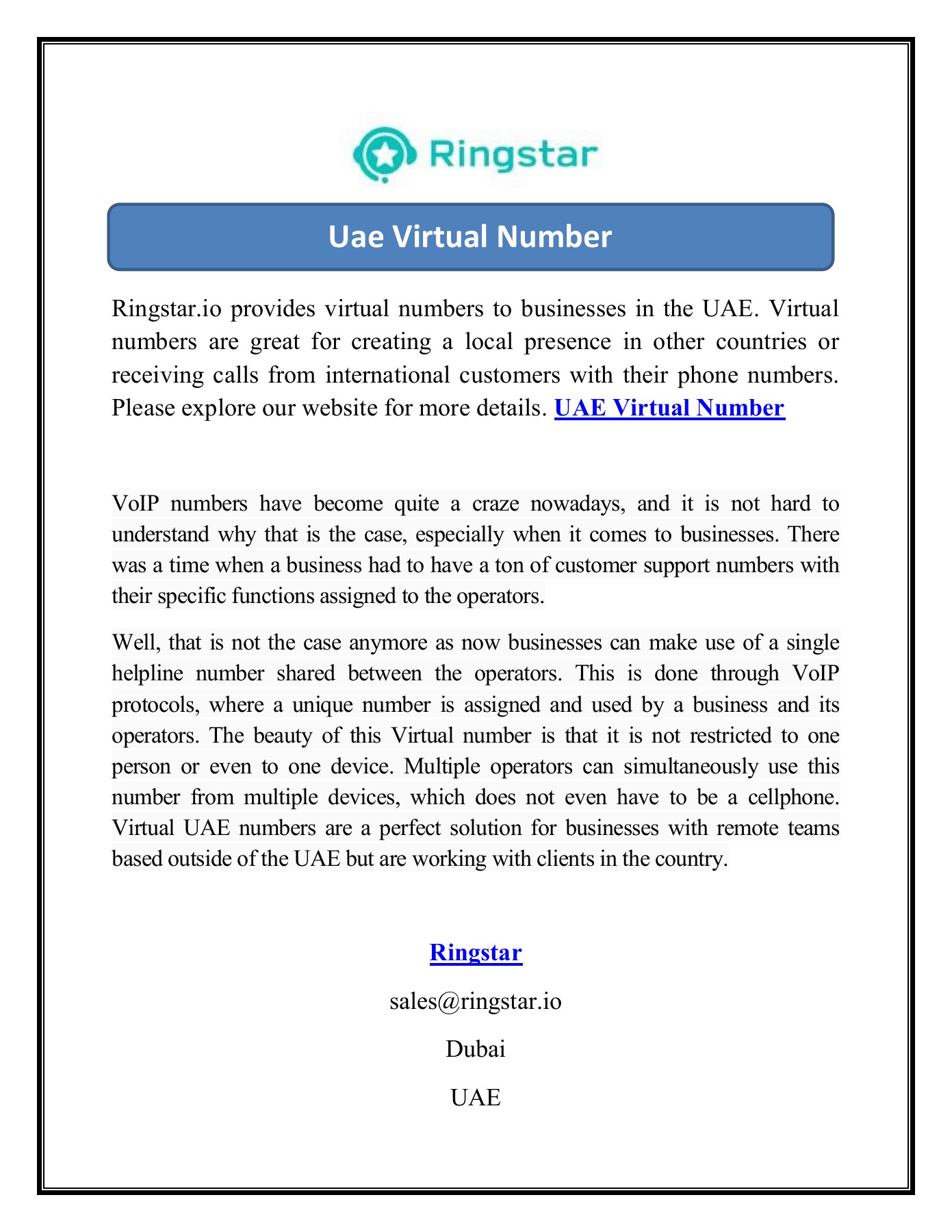 Uae Virtual Number Ringstar.io - Ring star - Page 1 - 1 | Flip PDF Online | PubHTML5