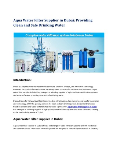 Aqua Water Filter Supplier in Dubai - Providing Clean and Safe Drinking ...