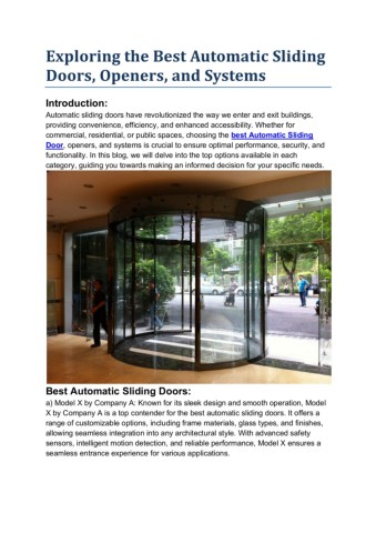Exploring the Best Automatic Sliding Doors,Openers, and Systems