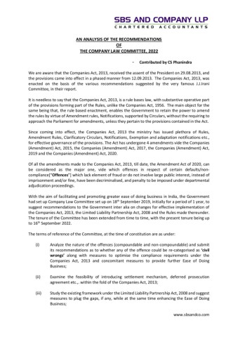 An Analysis on Recommendations of Company Law Committee