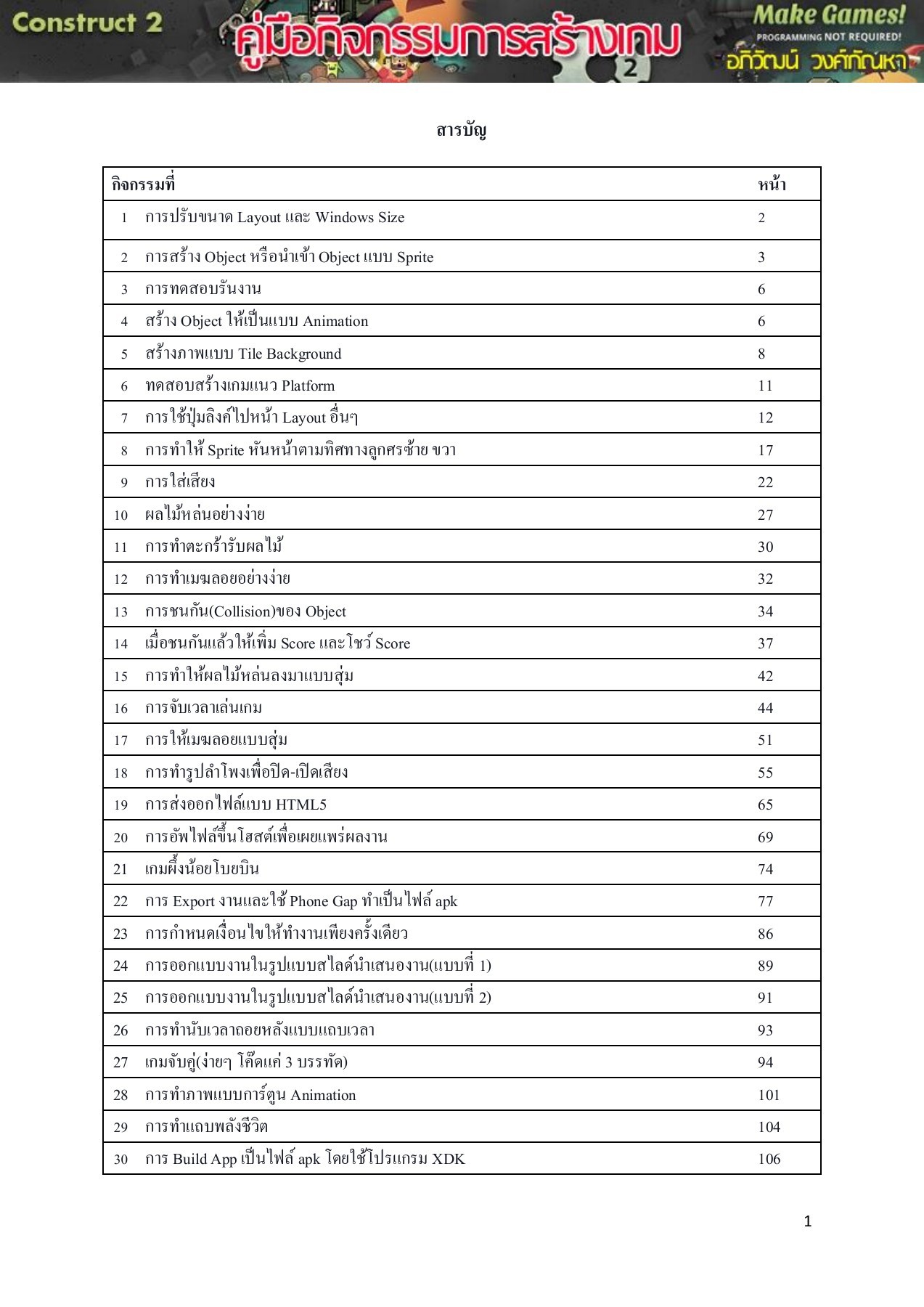 3.คู่มือฝึกทำกิจกรรมการสร้างเกมด้วยโปรแกรม-Construct-2 - sunpongrobot - หน้าหนังสือ 1 - 113 ...