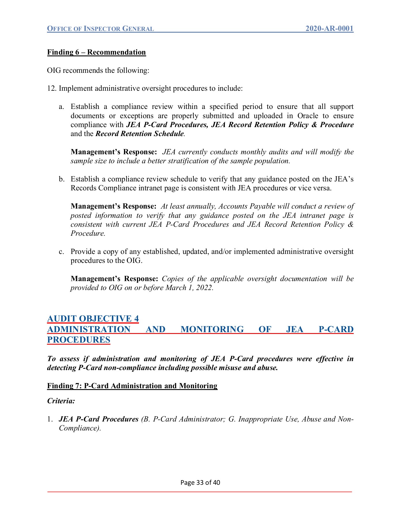 JEA Limited Scope Travel and Business Expense Audit (2020-AR-0001 ...