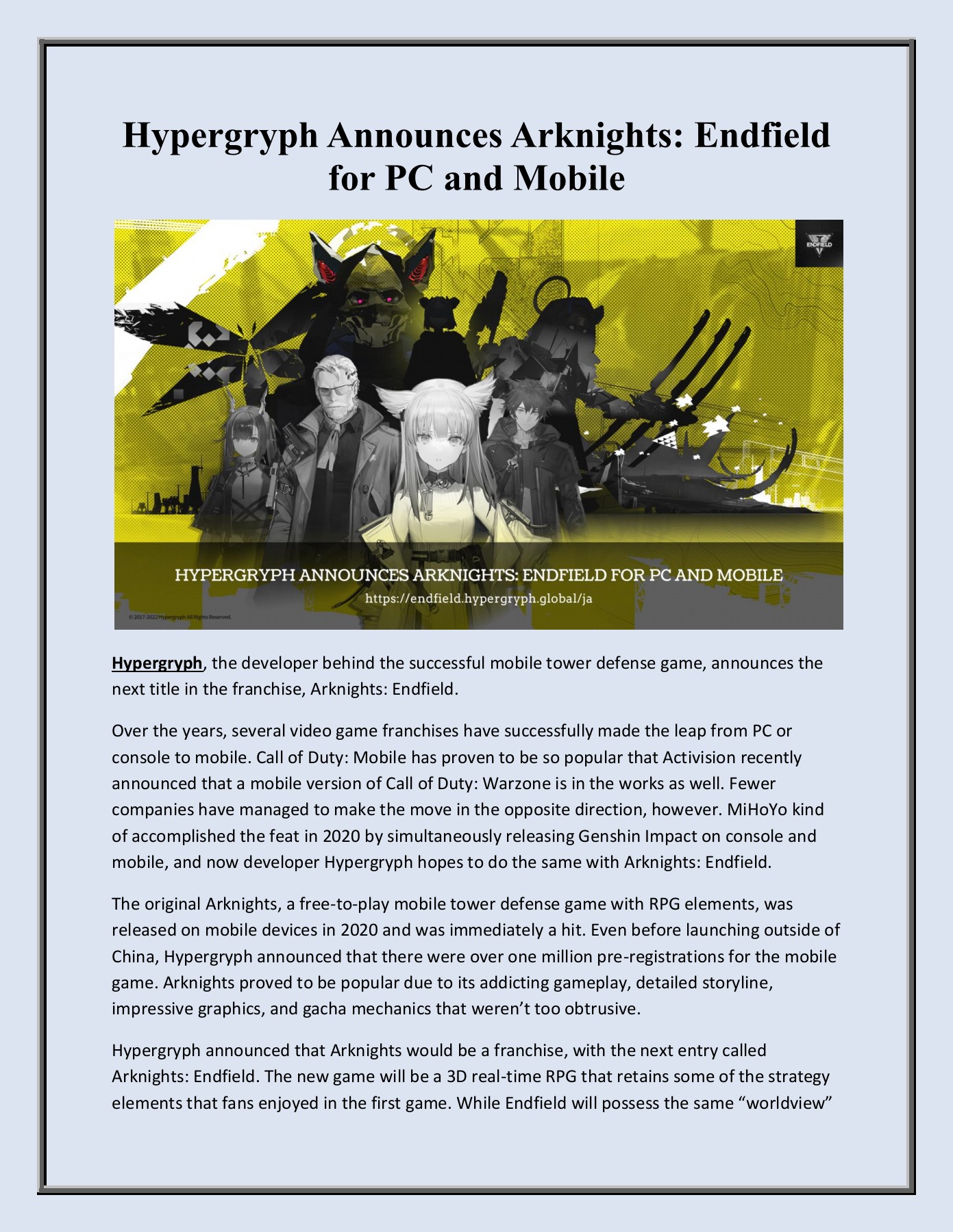 Hypergryph Announces Arknights - Hypergryph Network Technology Co. Ltd ...