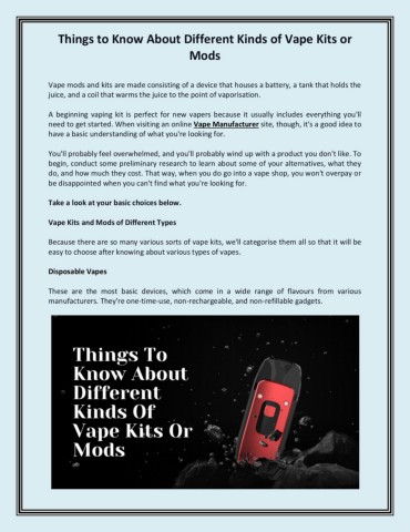 Things To Know About Different Kinds Of Vape Kits Or Mods