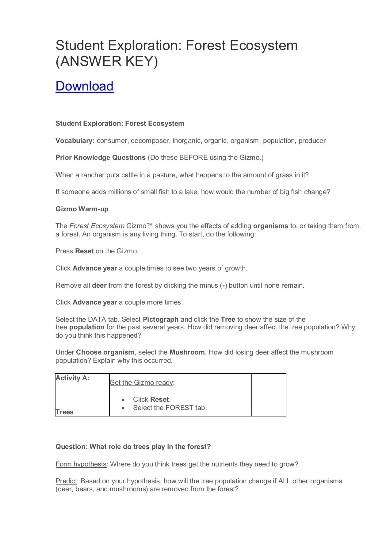 Student Exploration- Forest Ecosystem (ANSWER KEY) - Jack Bauer - Page ...