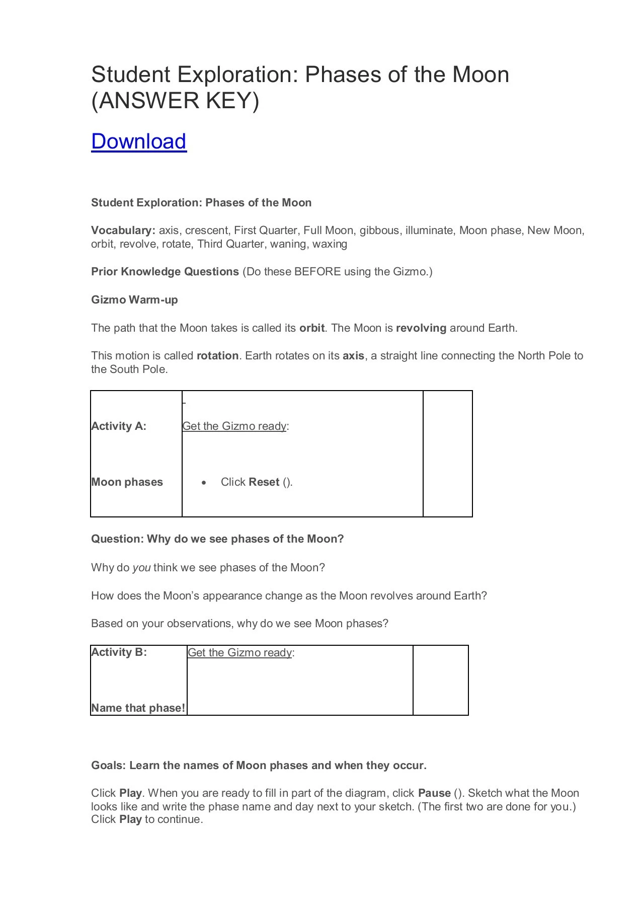 Student Exploration- Phases of the Moon (ANSWER KEY) - Jack Bauer ...