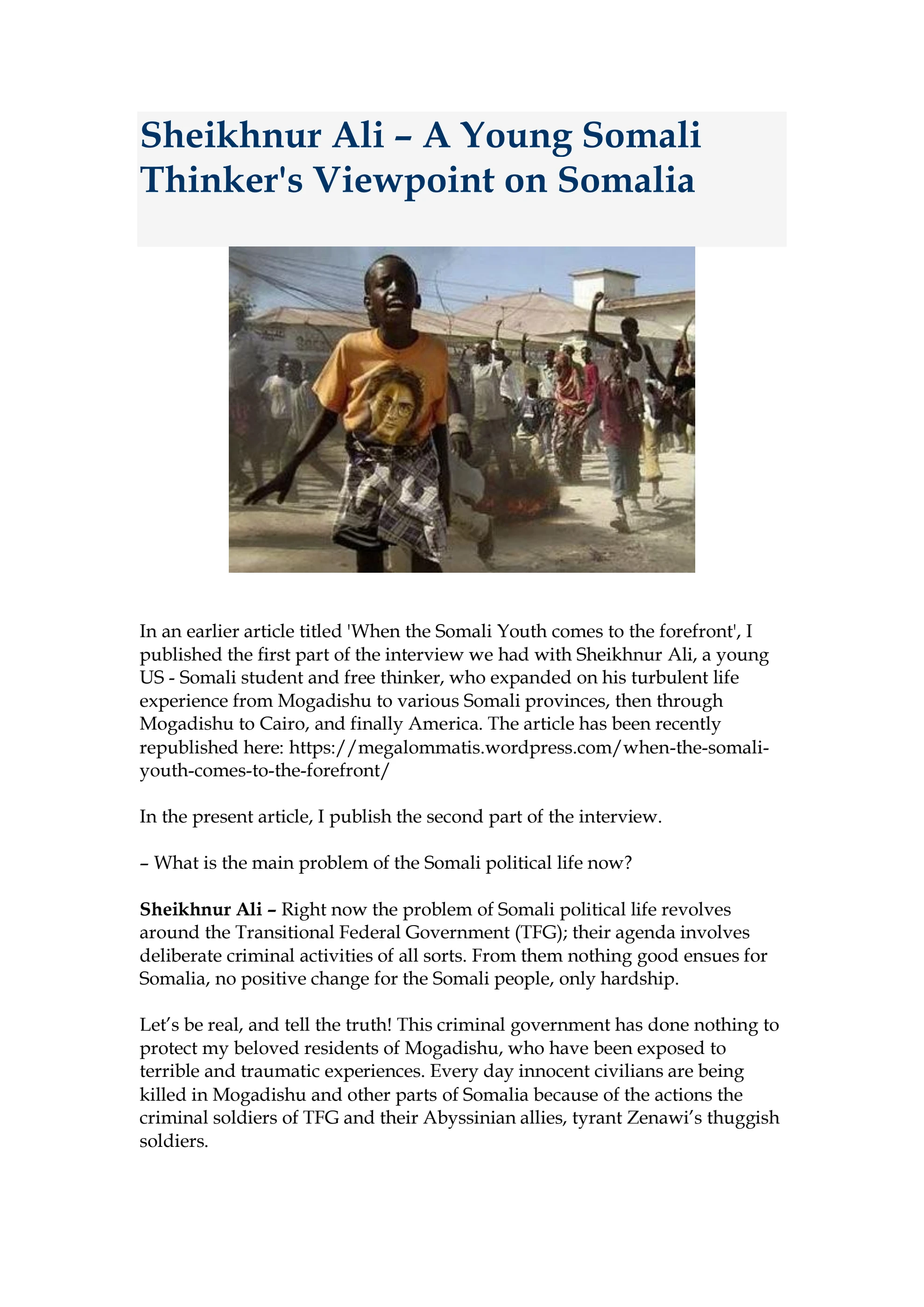 Sheikhnur Ali – A Young Somali Thinker’s Viewpoint on Somalia - msvmeg ...