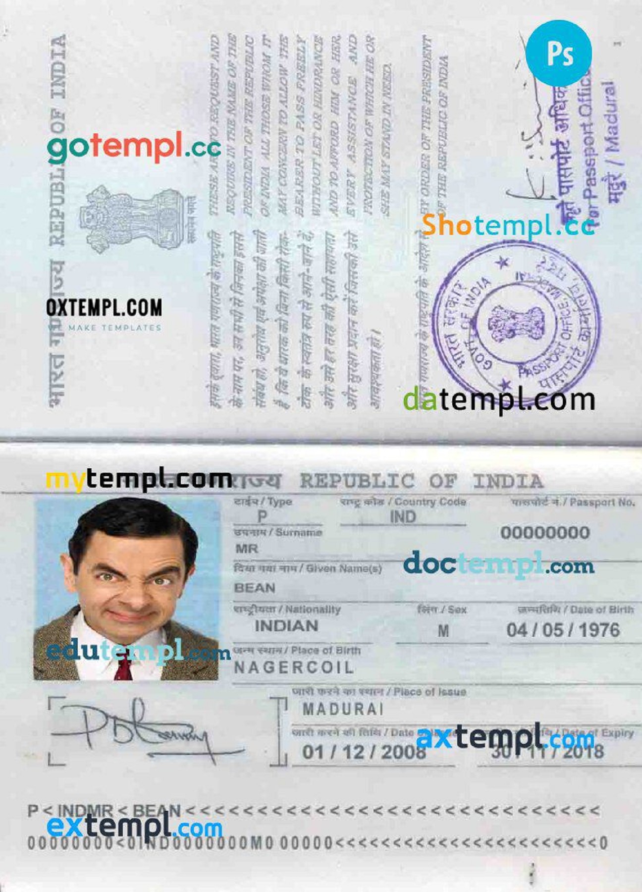 India passport template in PSD format, fully editable, with all fonts ...