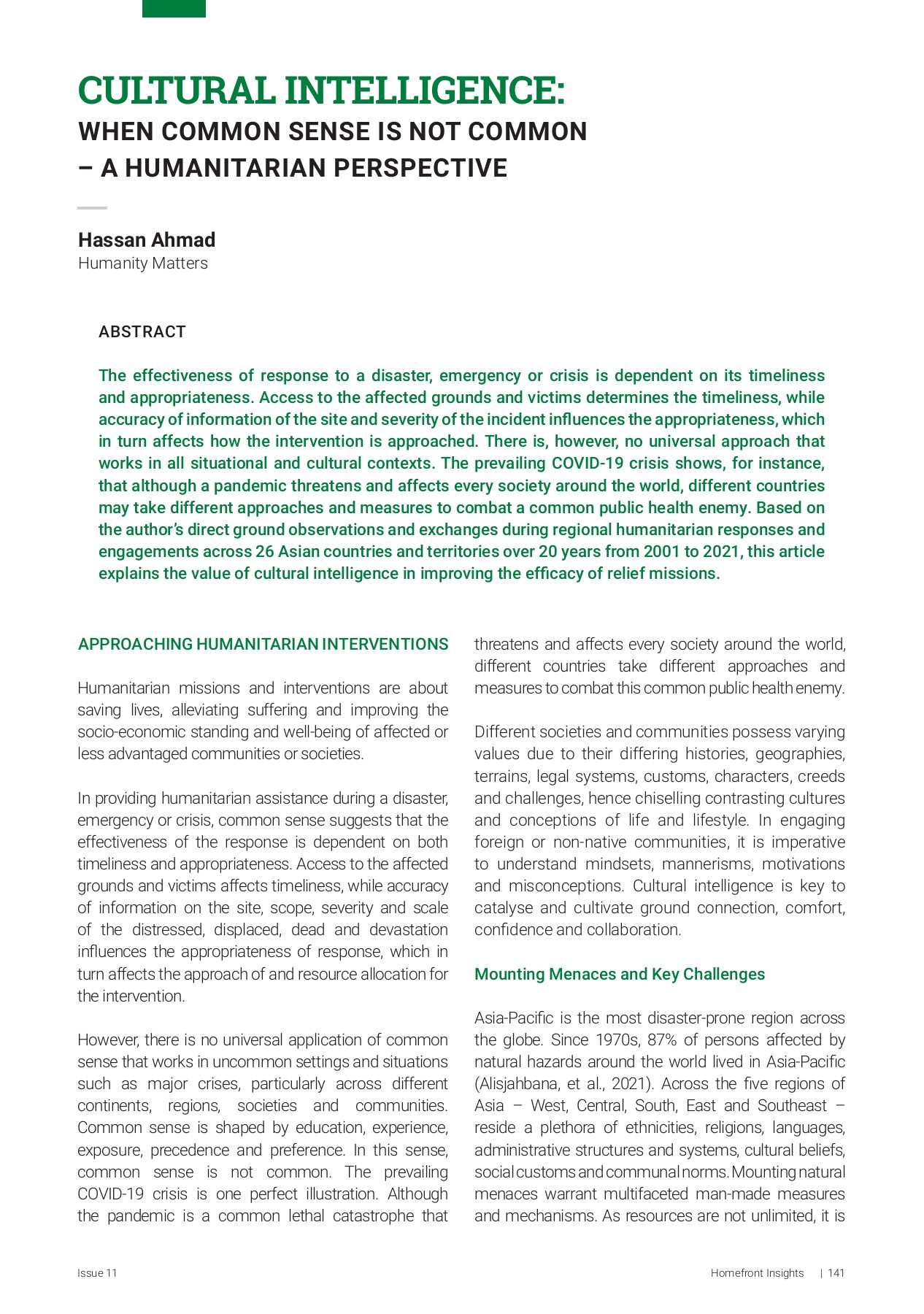 2022 - MHA Home Team Journal __ Cultural Intelligence - A Humanitarian ...