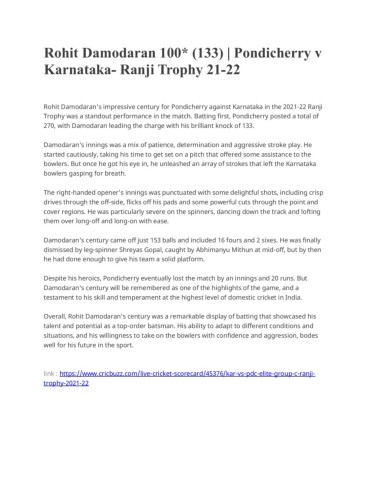 Rohit Damodaran 100* (133) | Pondicherry v Karnataka- Ranji Trophy 21–22