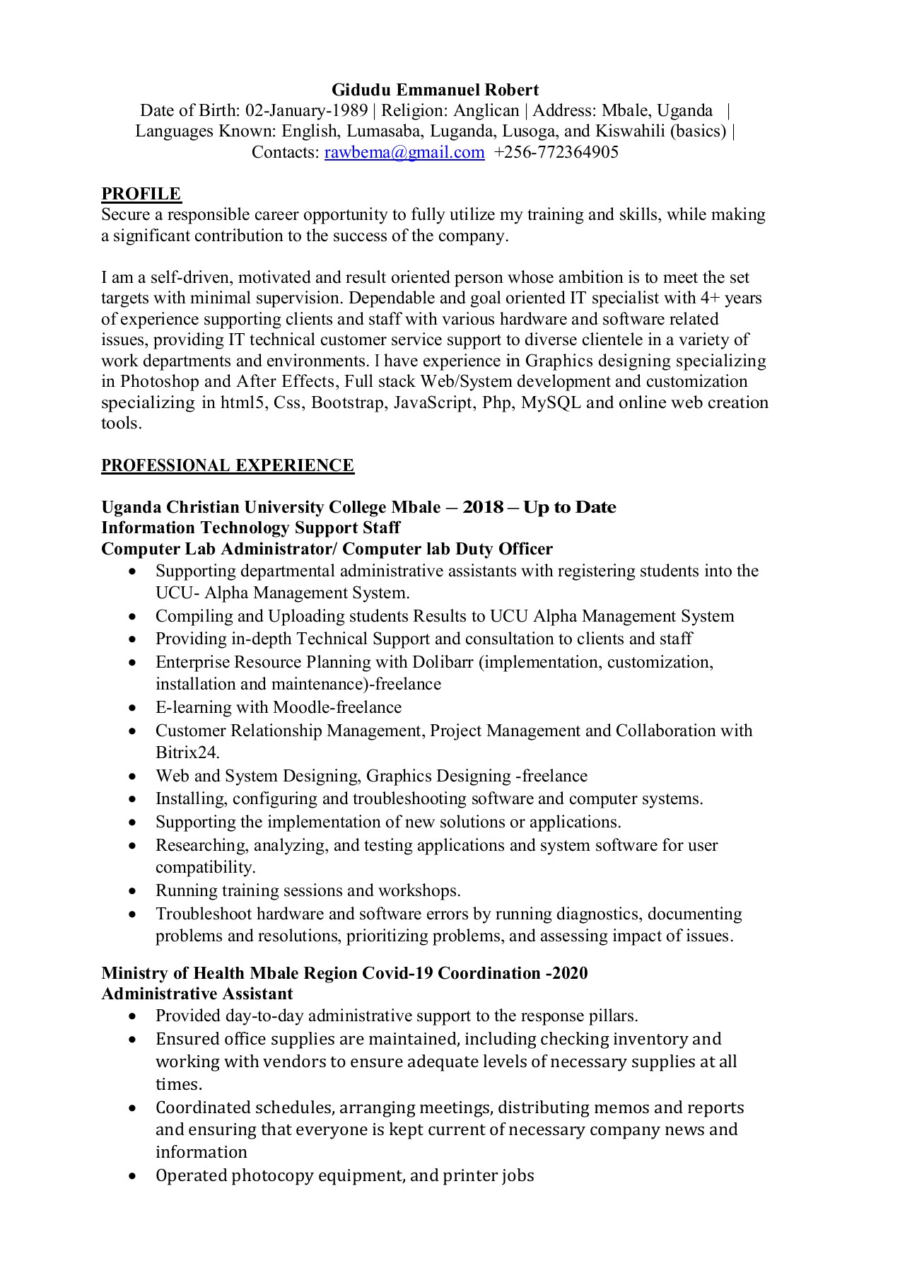 Emmanuel CV revised 2021 - Emmanuel Robert Gidudu - Page 1 - 2 | Flip ...