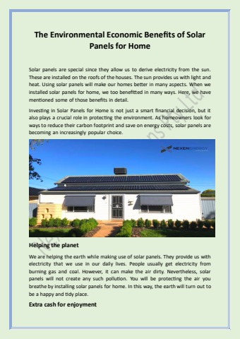 The Environmental Economic Benefits of Solar Panels for Home
