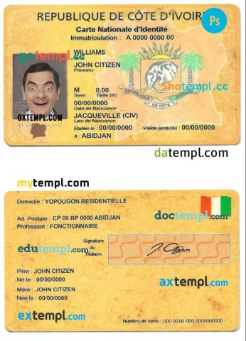 Cote D’Ivoire identification document card template in PSD format, fully editable