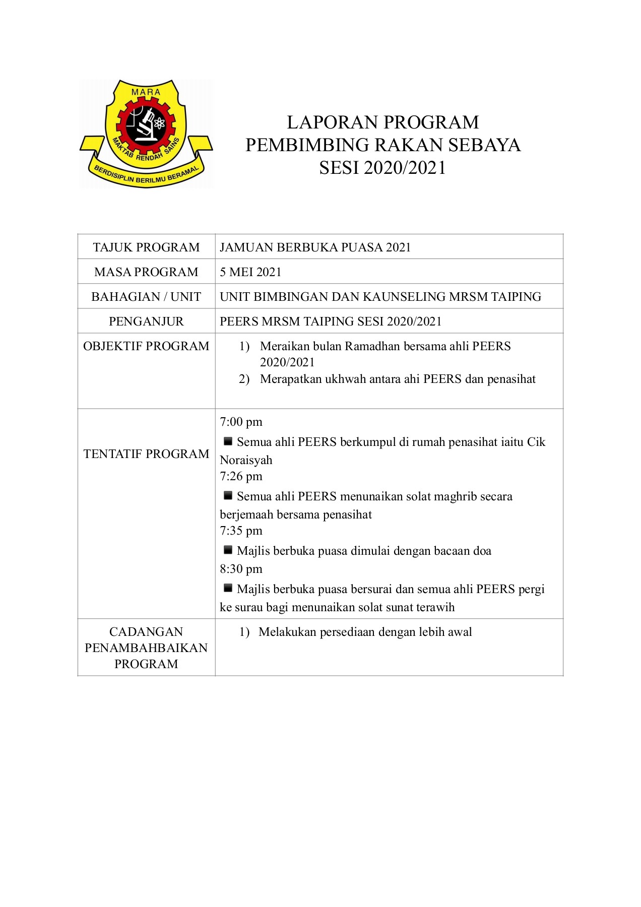 LAPORAN PROGRAM PEERS - ysminrhmn - Muka Surat 1 - 38 | Membalik PDF Dalam talian | PubHTML5