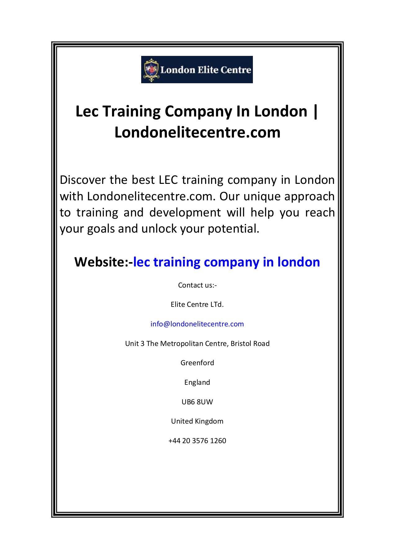 Lec Training Company In London Londonelitecentre.com - Londonelite ...