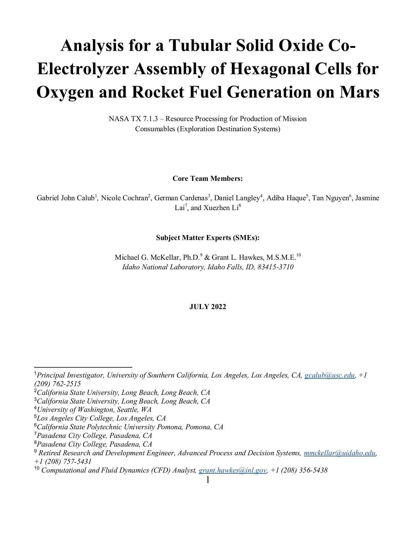 Analysis for a Tubular Solid Oxide Co-Electrolyzer Assembly of ...