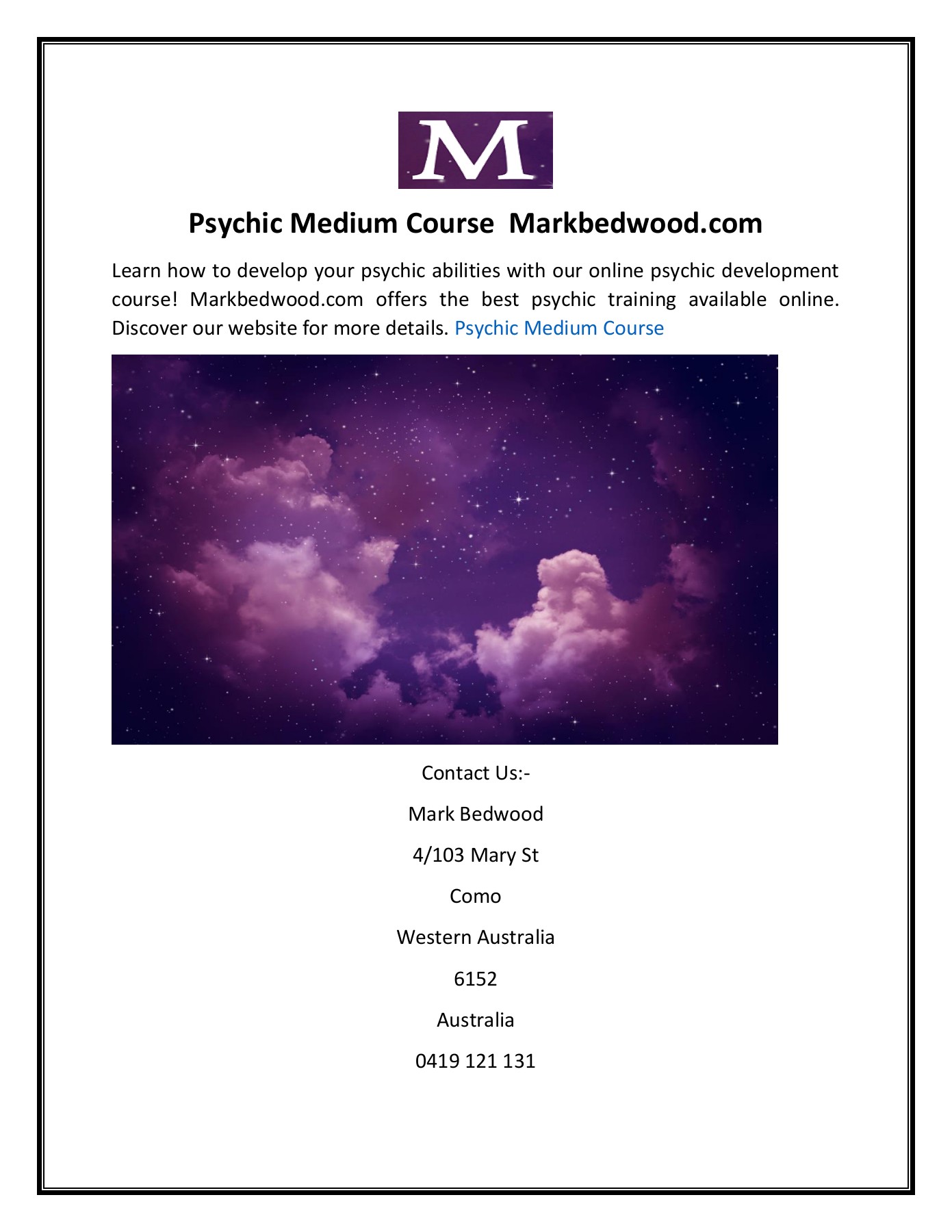 Psychic Medium Course Markbedwood.com - Mark Bedwood Mark Bedwood ...